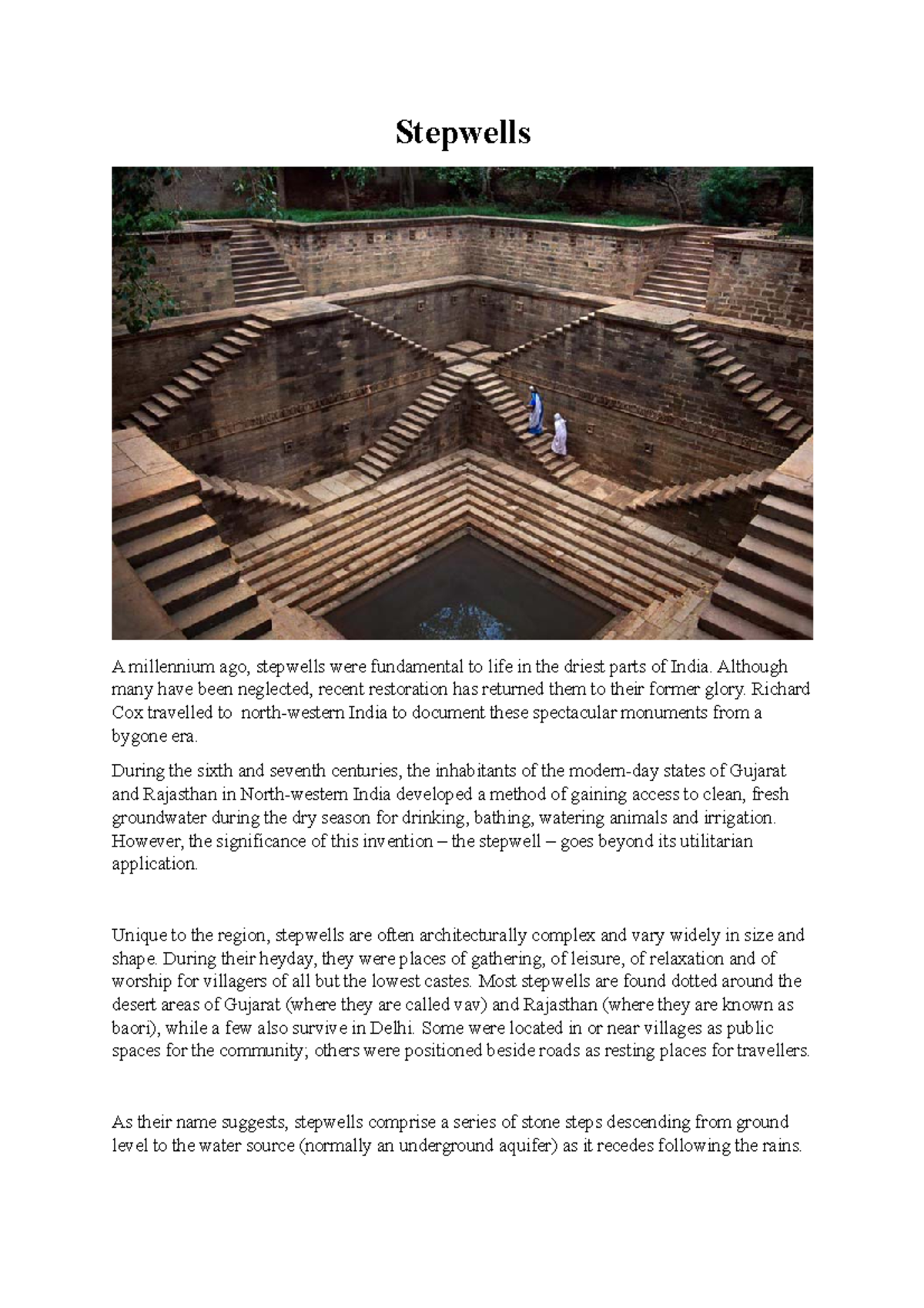 Ietls A Unit 2 Reading practice - Stepwells A millennium ago, stepwells ...