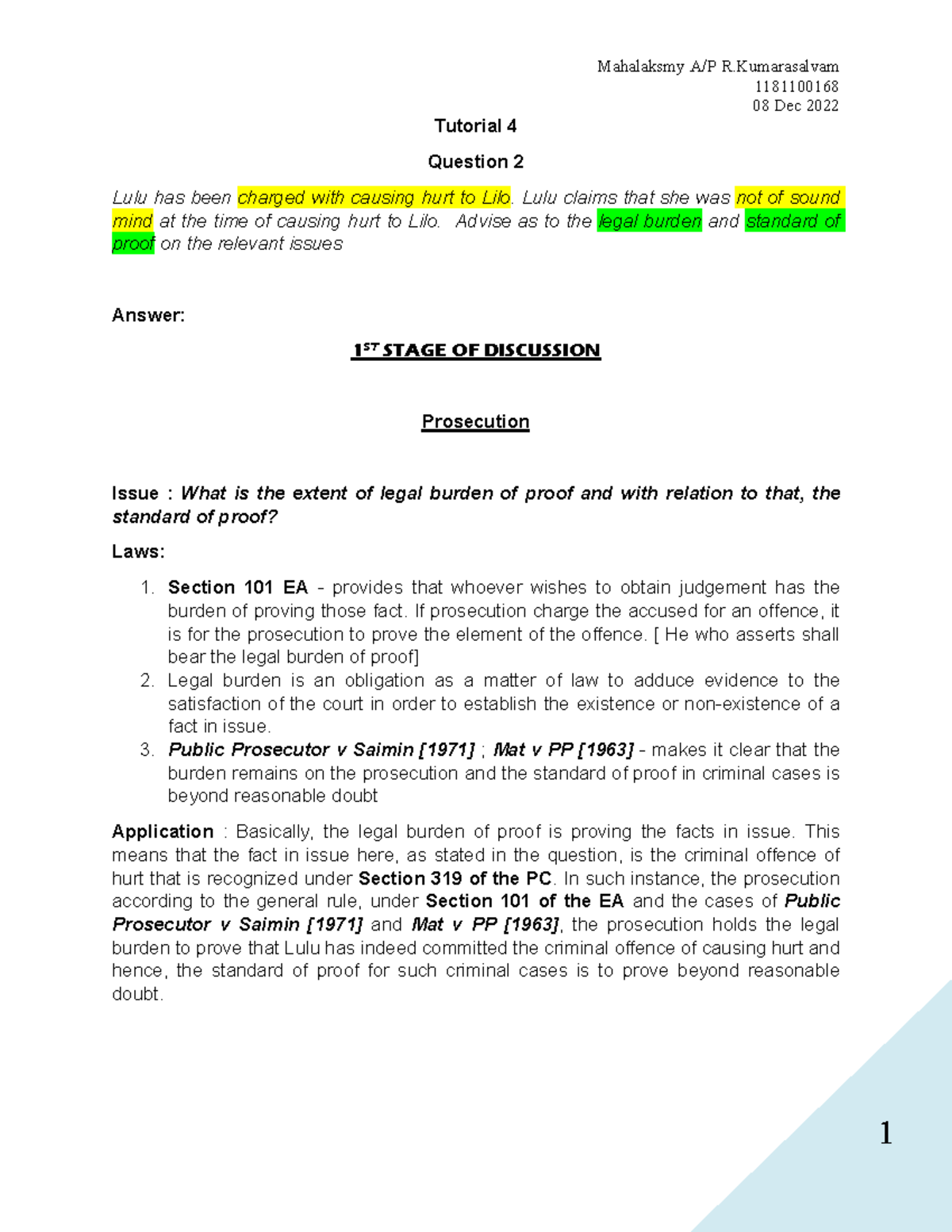 Tutorial 4 Quesiton 2 Presentation - Mahalaksmy A/P R 1181100168 08 Dec 2022 1 Tutorial 4 ...