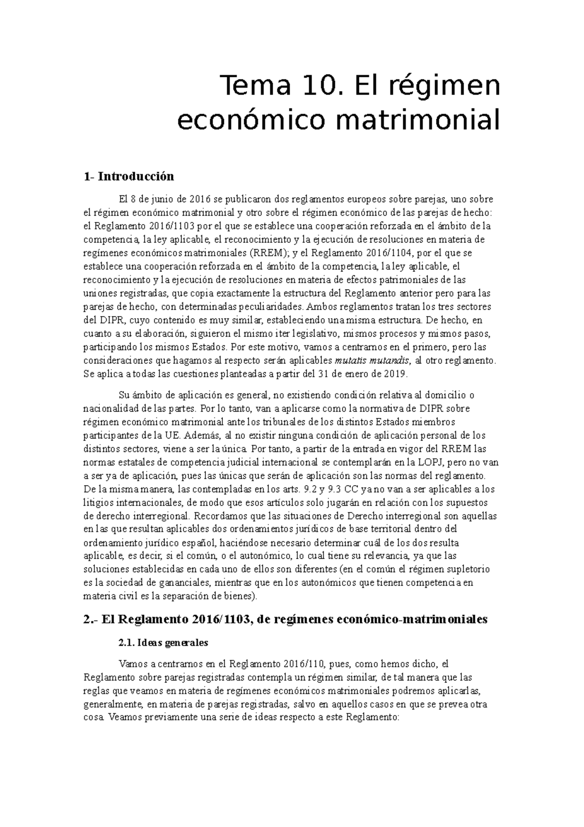 Tema 10 - DIPrivado - Tema 10. El régimen económico matrimonial 1 ...