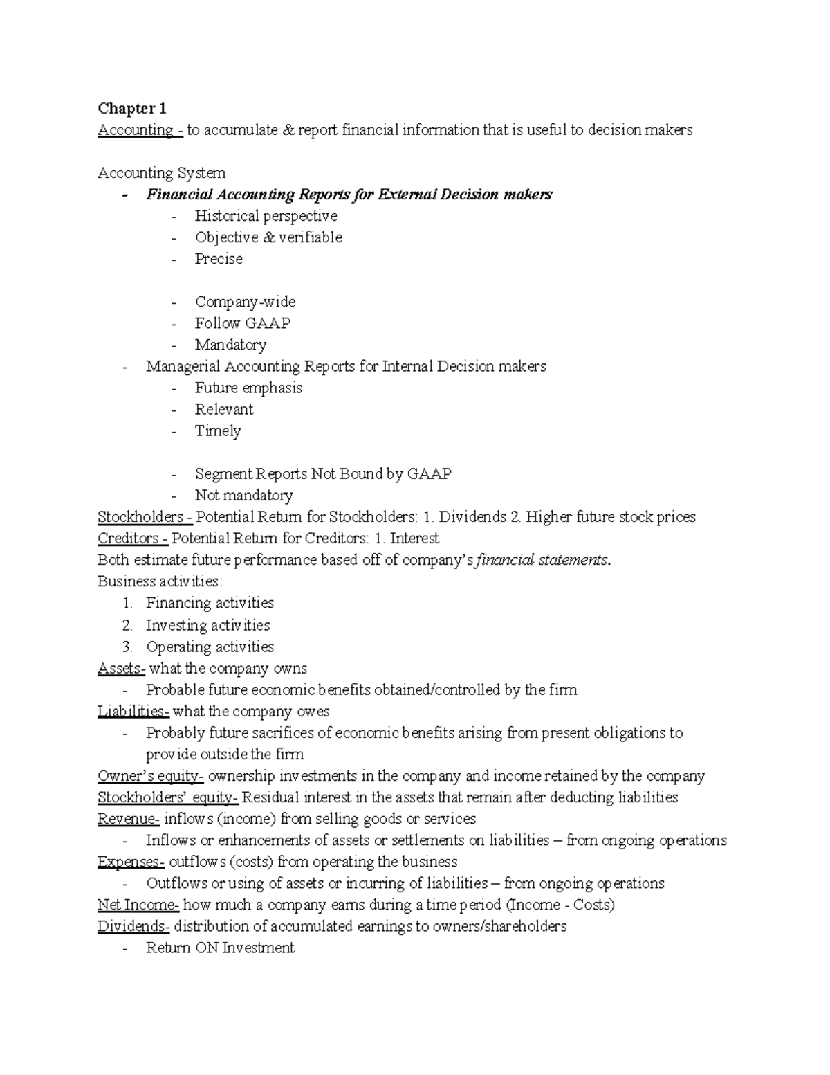 Accounting Test 1 Notes - Chapter 1 Accounting - to accumulate & report ...