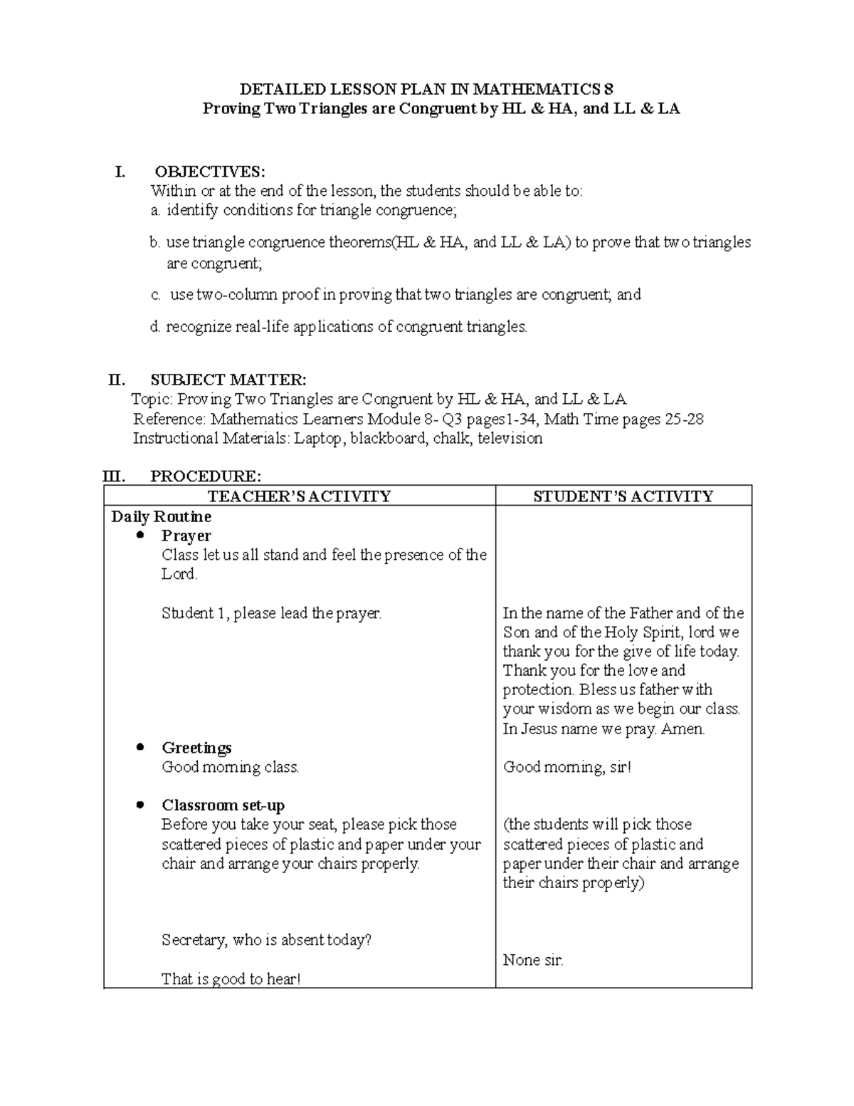 DLP 8 W6 Proving Triangles Theorems - DETAILED LESSON PLAN IN ...