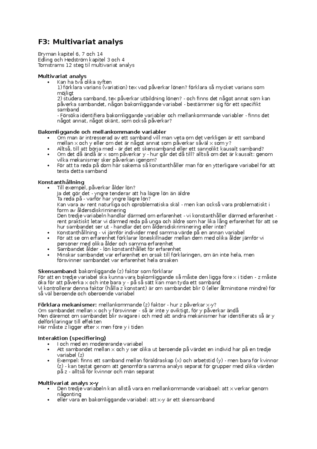 Multivairat analys - Sammanfattning - F3: Multivariat analys Bryman ...