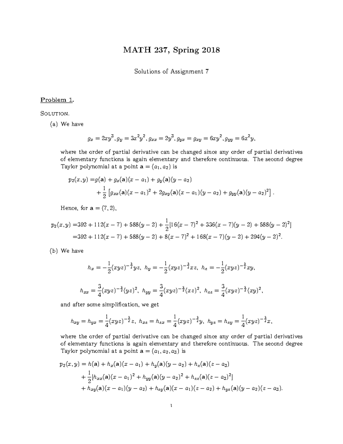 Math237-sol07 - Assignment Solution - MATH 237, Spring 2018 Solutions of Assignment 7 Problem 1 ...