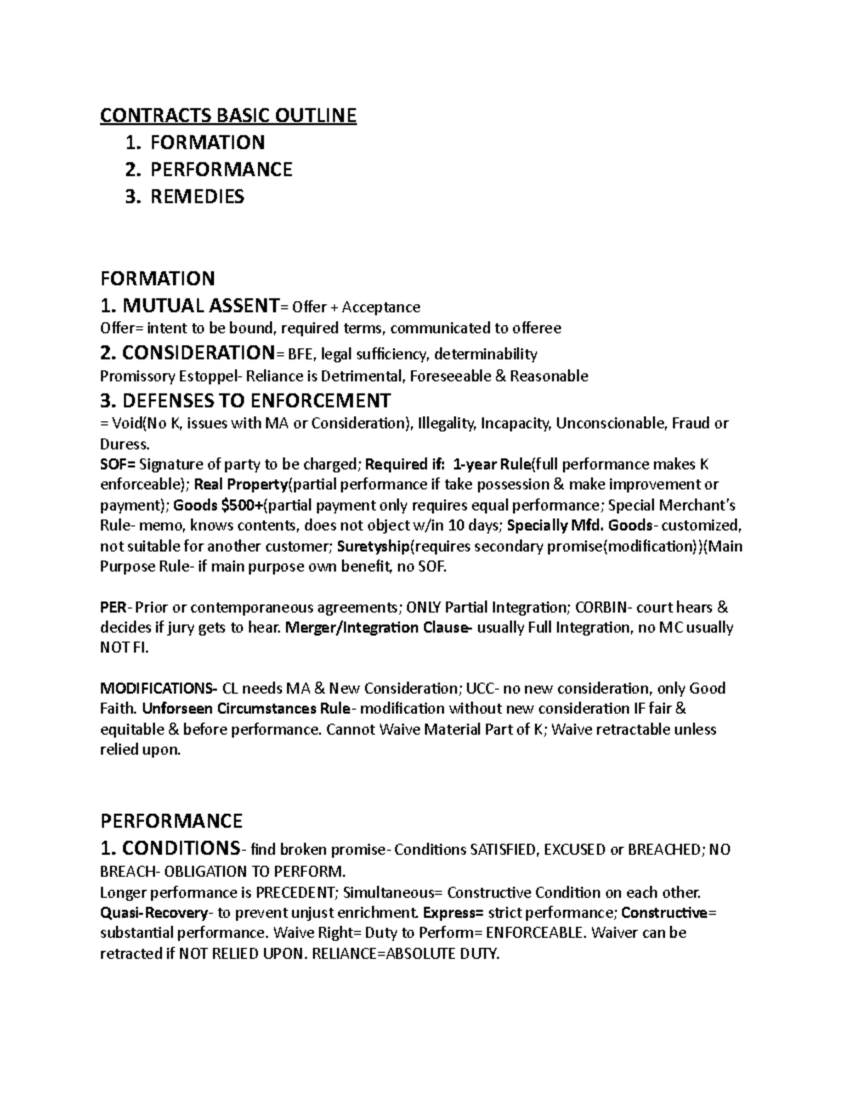 Contracts Basic Outline - CONTRACTS BASIC OUTLINE 1. FORMATION 2 ...