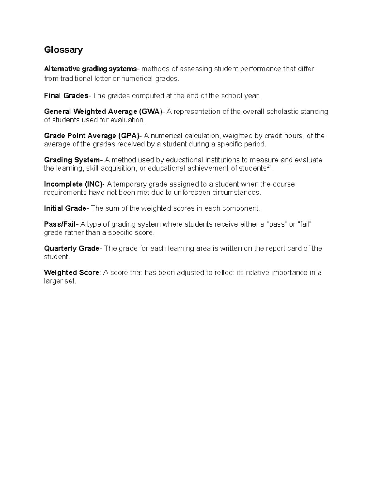 GT Module 9 Grading System - Glossary Alternative grading systems ...