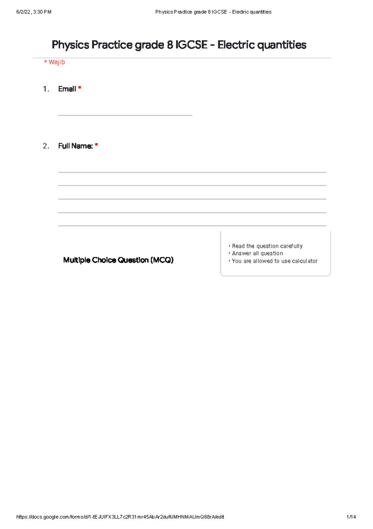 Physics Practice grade 8 Igcse - electric quantities - Google Formulir ...