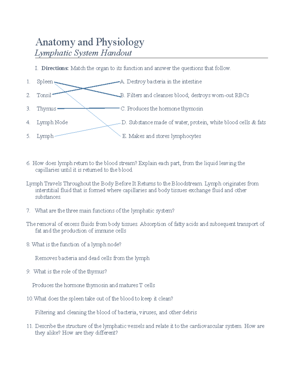 Lymphatic System - Anatomy and Physiology Lymphatic System Handout I ...