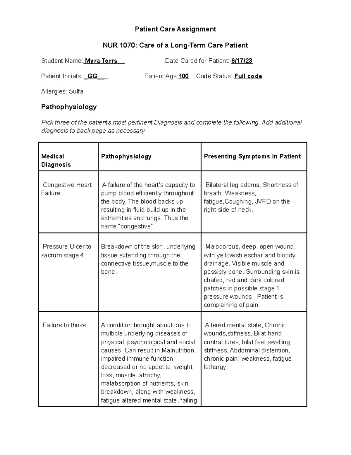 Pat Care Assign 617 23 GG - Patient Care Assignment NUR 1070: Care of a ...