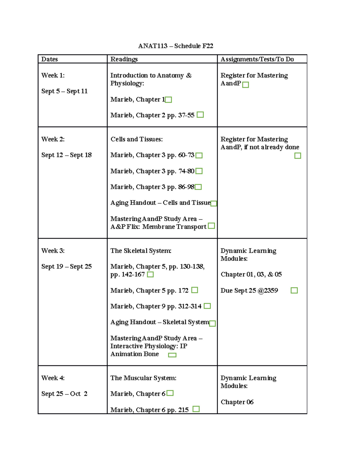 Course Timeline - Fall 2022 - ANAT113 – Schedule F Dates Readings ...