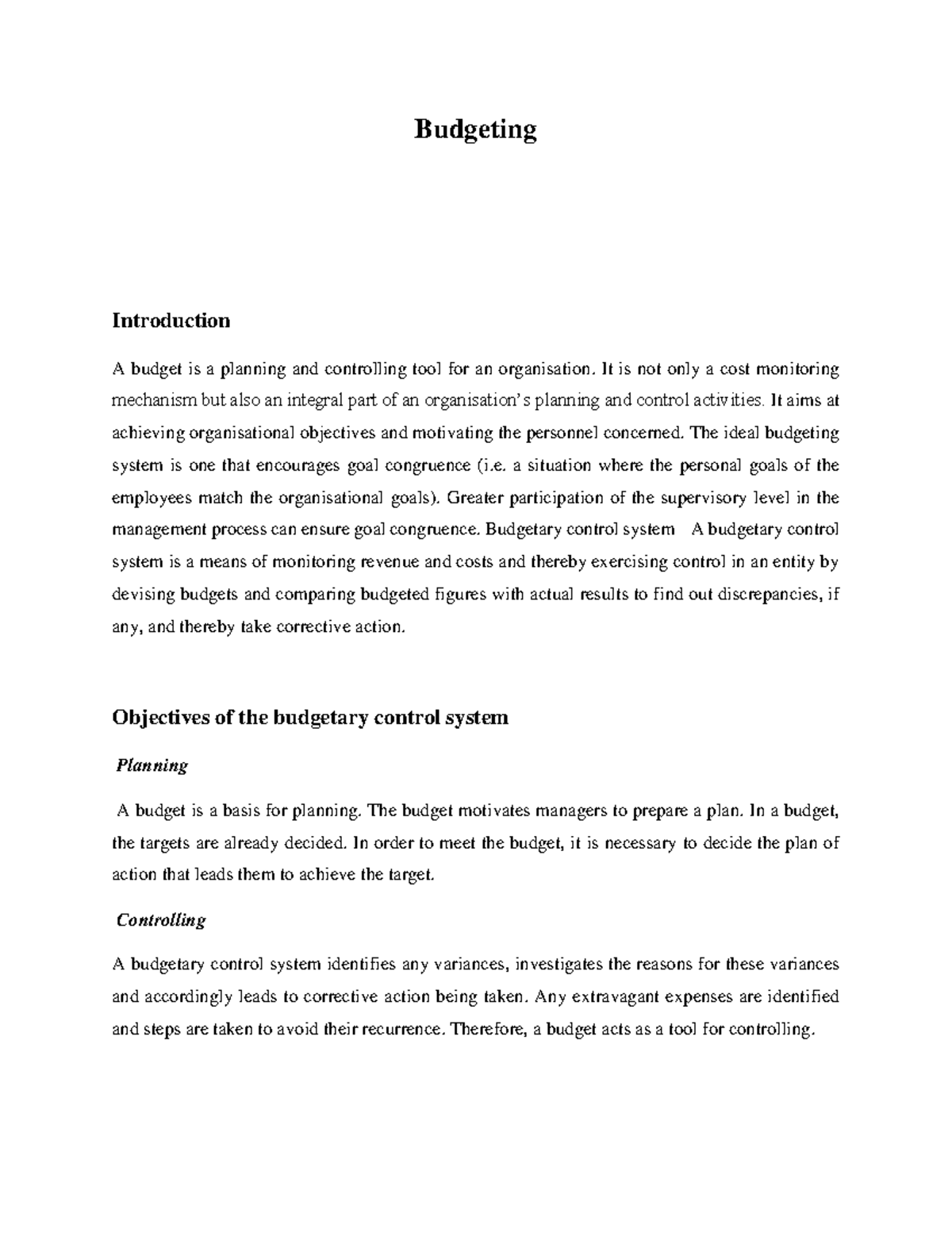 Bm 409 budgeting - notes - Budgeting Introduction A budget is a ...