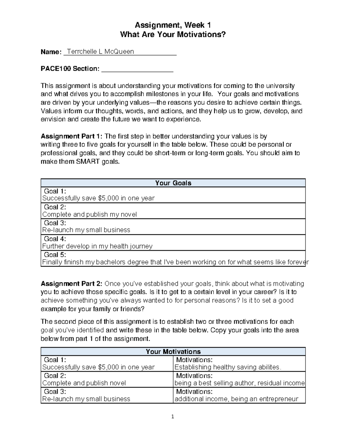 PACE 100 Assignment - Assignment, Week 1 What Are Your Motivations? 1 Name: - Studocu