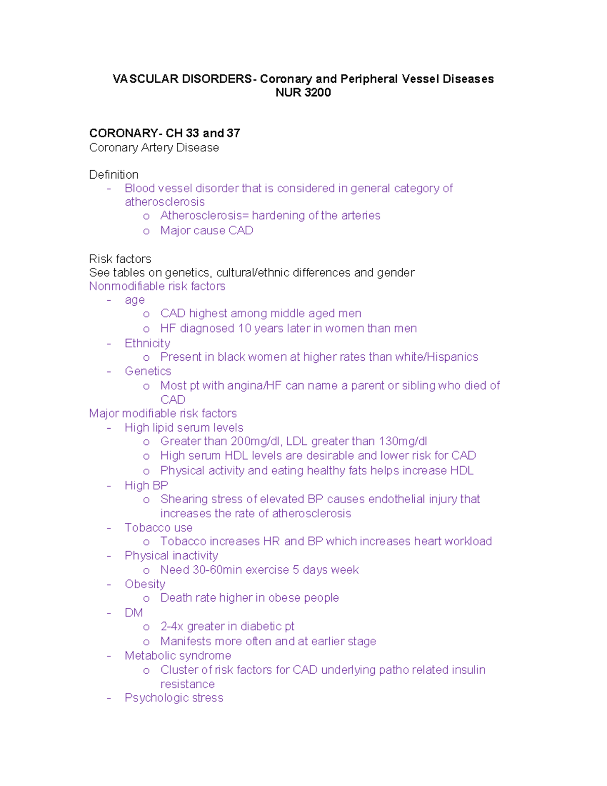 NUR 3200 CAD and PVD Outline WI 22 - VASCULAR DISORDERS- Coronary and ...