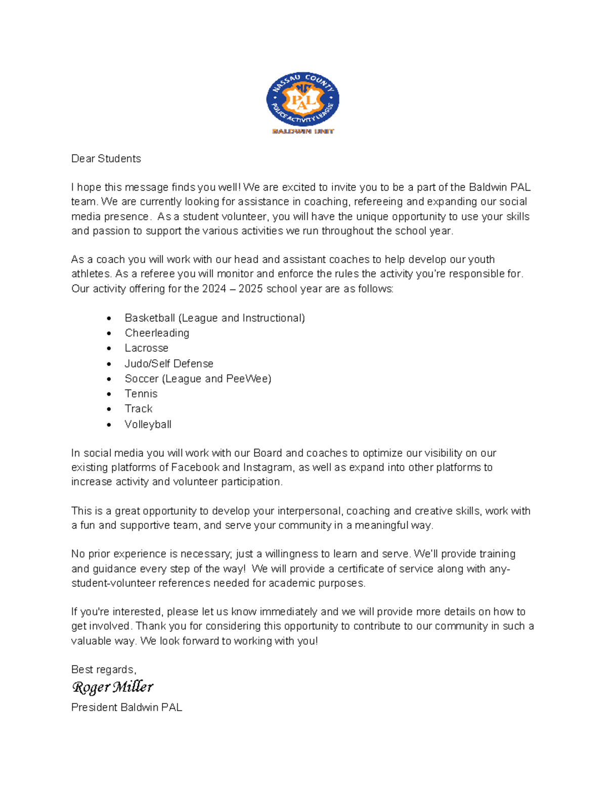 Baldwin PAL Student Volunteer Letter - Dear Students I hope this ...