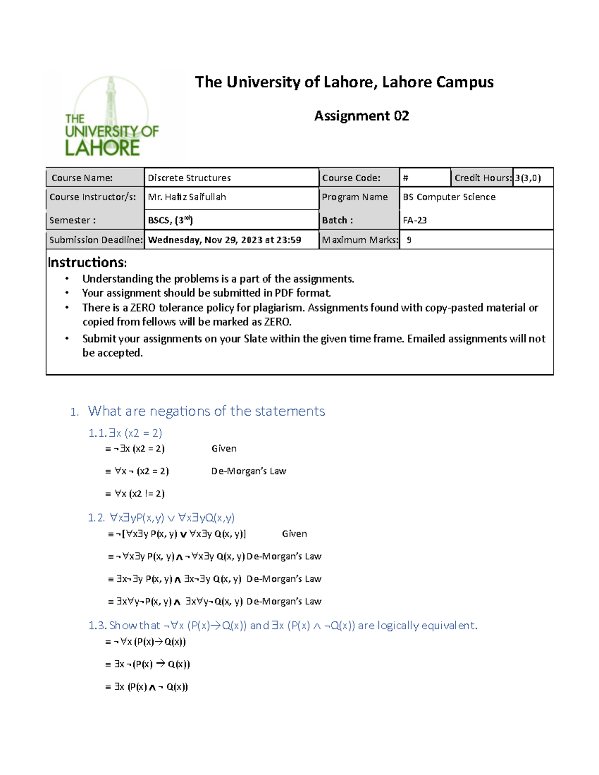 Assignment 3 Discrete FA23 Solution - The University of Lahore, Lahore ...