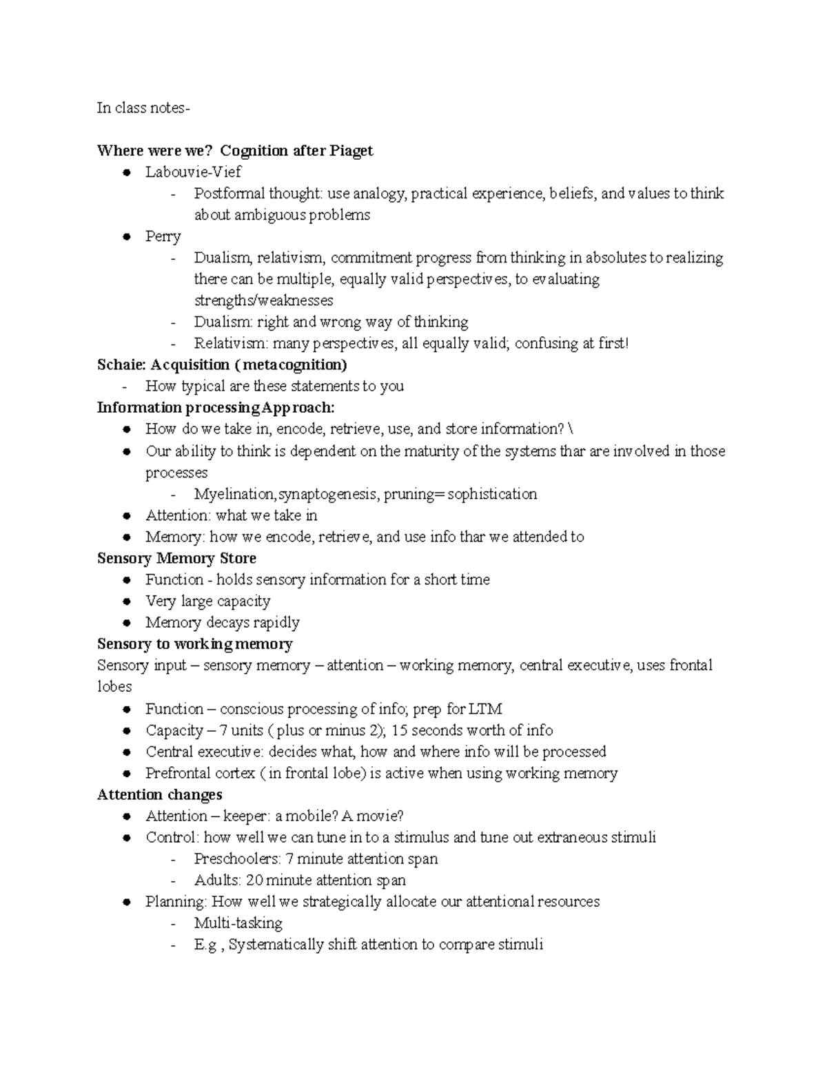 Lecture Notes Chapters 1-5 - In class notes- Where were we? Cognition ...