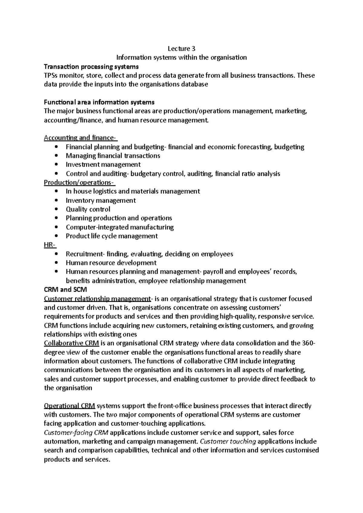 Lecture 3 - n/a - Lecture 3 Information systems within the organisation ...