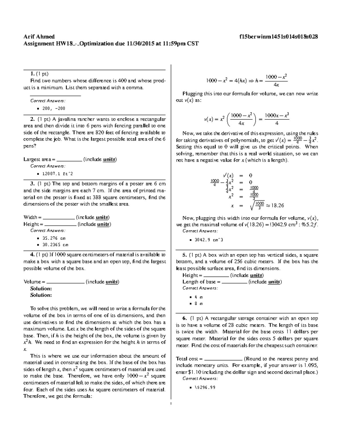 HW18 - Optimization - This is the homework set number 18 with answers for practice materials ...