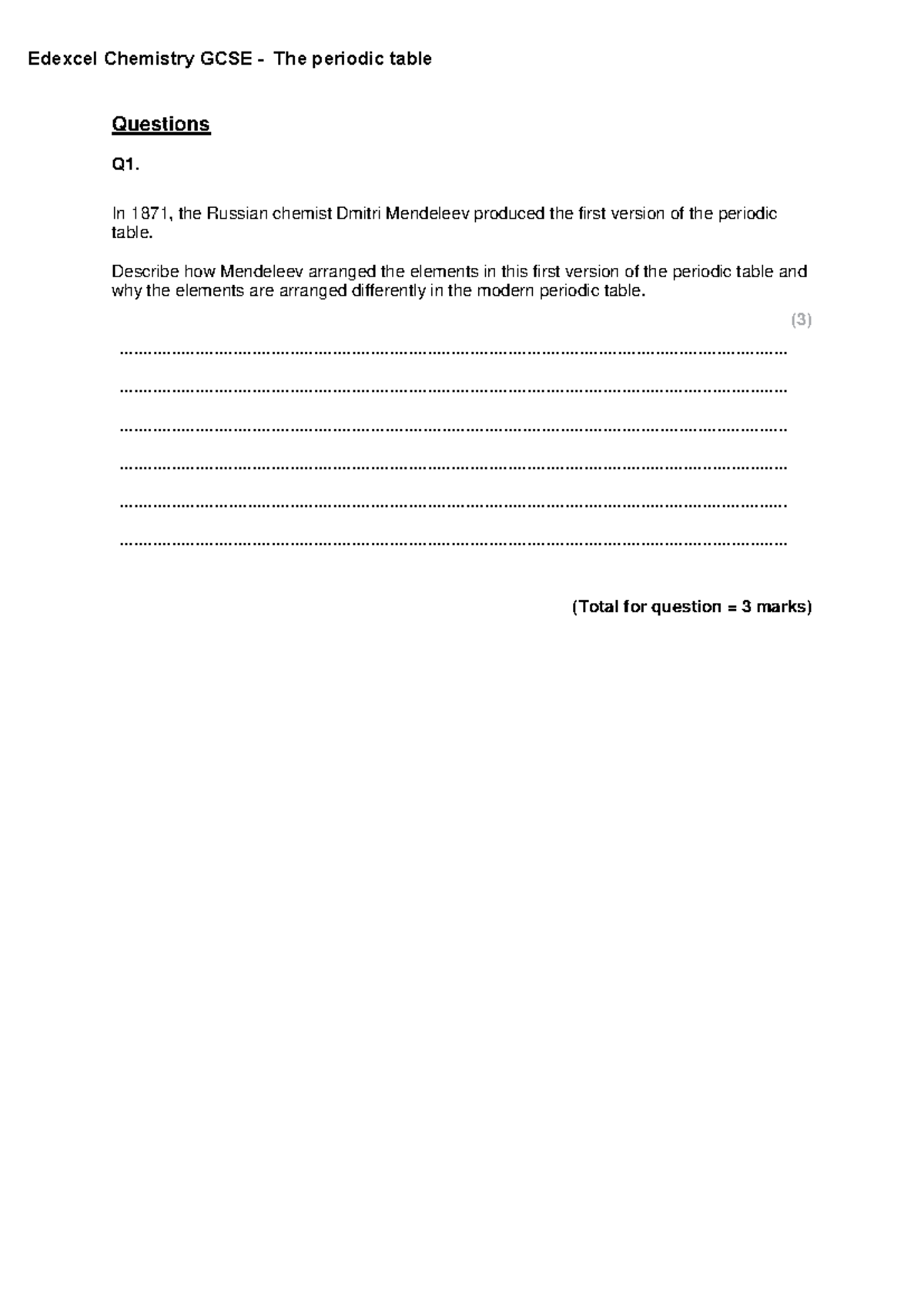 1.2 The periodic table - Edexcel GCSE Past Paper Questions on the ...