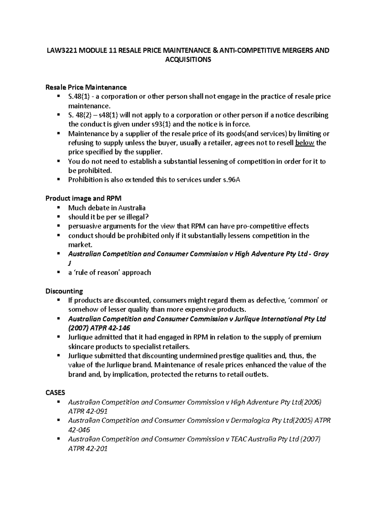 Week 11 Rescale Price Maintenance - LAW3221 MODULE 11 RESALE PRICE ...