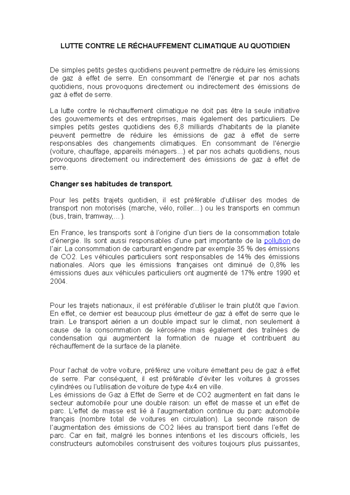Lutte contre le réchauffement climatique au quotidien - LUTTE CONTRE LE ...