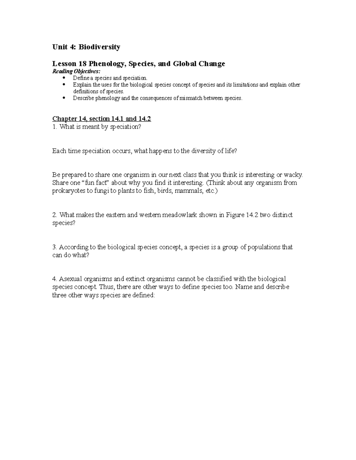 Lesson 18 GRQs Species Biodiversity and Phenology - Unit 4 ...