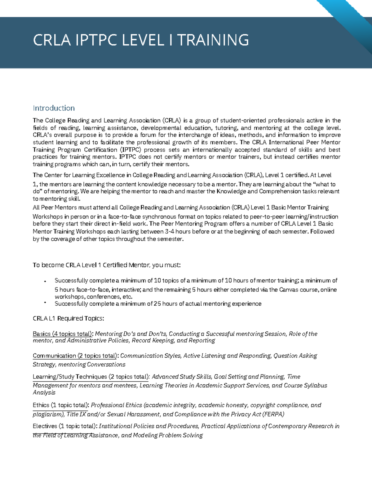 CRLA Iptpc Level I Training - CRLA IPTPC LEVEL I TRAINING Introduction ...