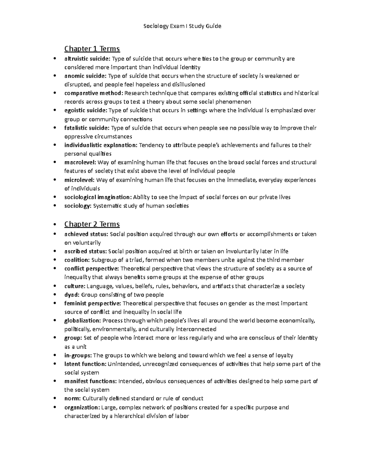 Sociology Exam I Study Guide - SOC 101 - Alabama - Studocu