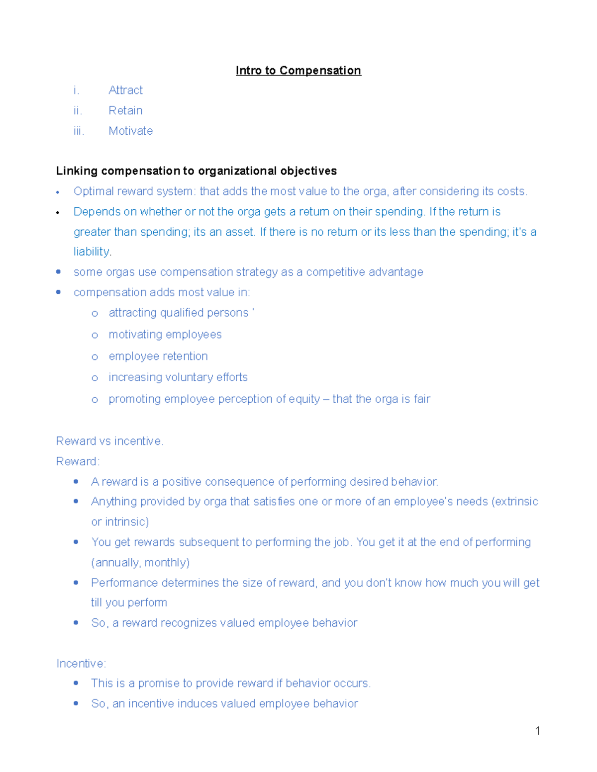 Chp 1 study doc - Lecture notes 1 - Intro to Compensation i. Attract ii ...