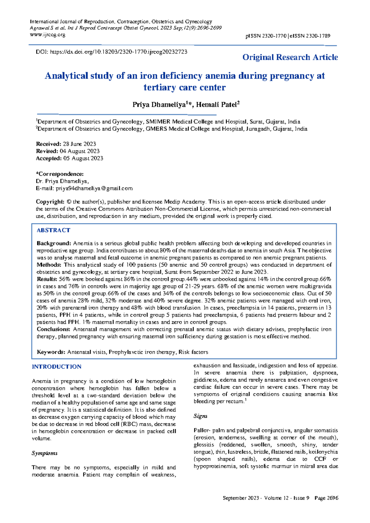 Analytical study of an iron de - September 2023 · Volume 12 · Issue 9 ...