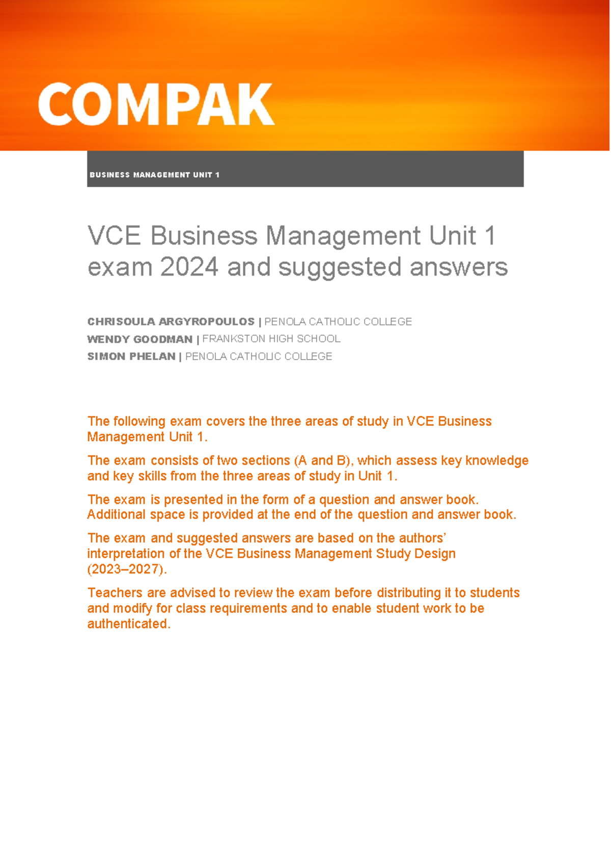 2024 VCTA Unit 1 exam question book and solutions - BUSINESS MANAGEMENT ...