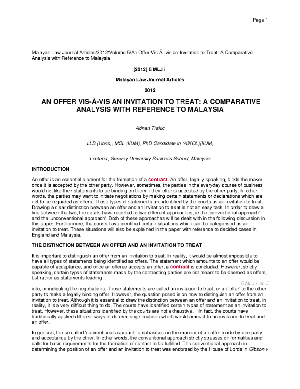 Offer Vs Itt Contract Malayan Law Journal Articles 2012 Volume 5 An