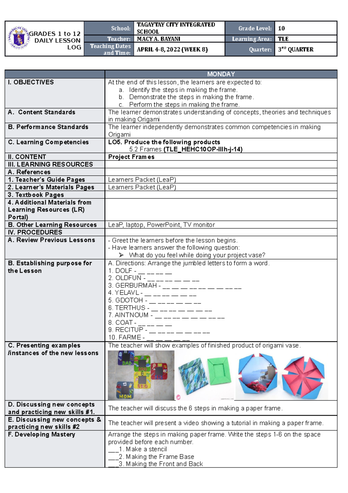 DLL TLE 10 Q3 W8 - Hey - GRADES 1 to 12 DAILY LESSON LOG School ...