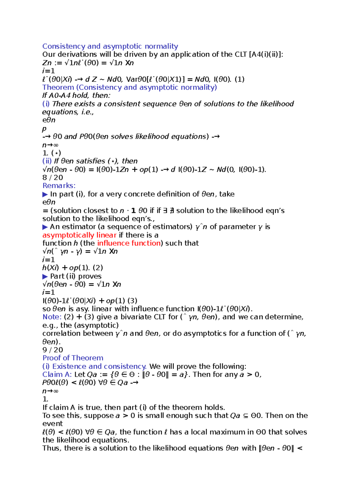 Consistency And Asymptotic Normality 1 Theorem Consistency And Asymptotic Normality If A0