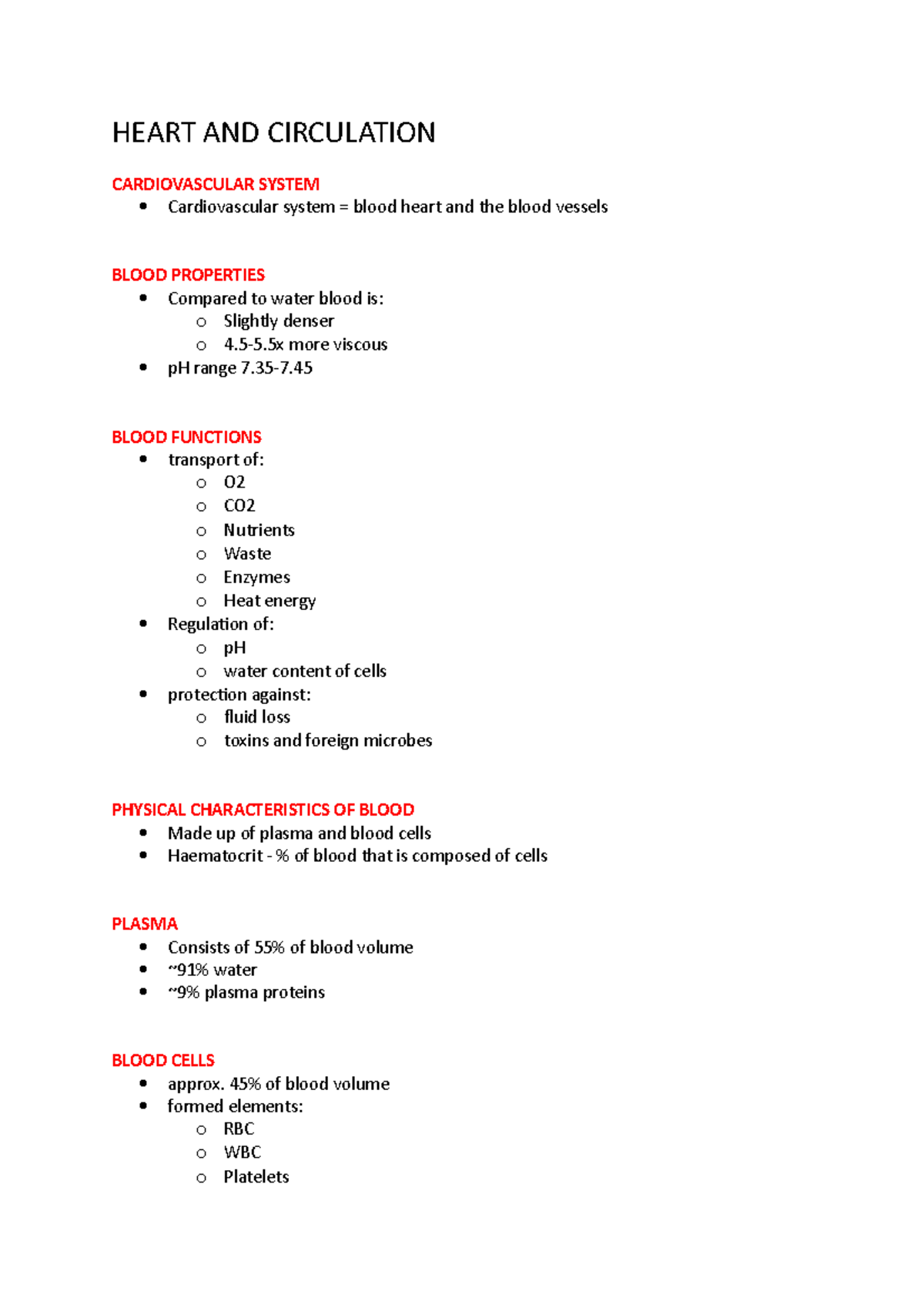 Notes - HEART AND CIRCULATION CARDIOVASCULAR SYSTEM Cardiovascular ...