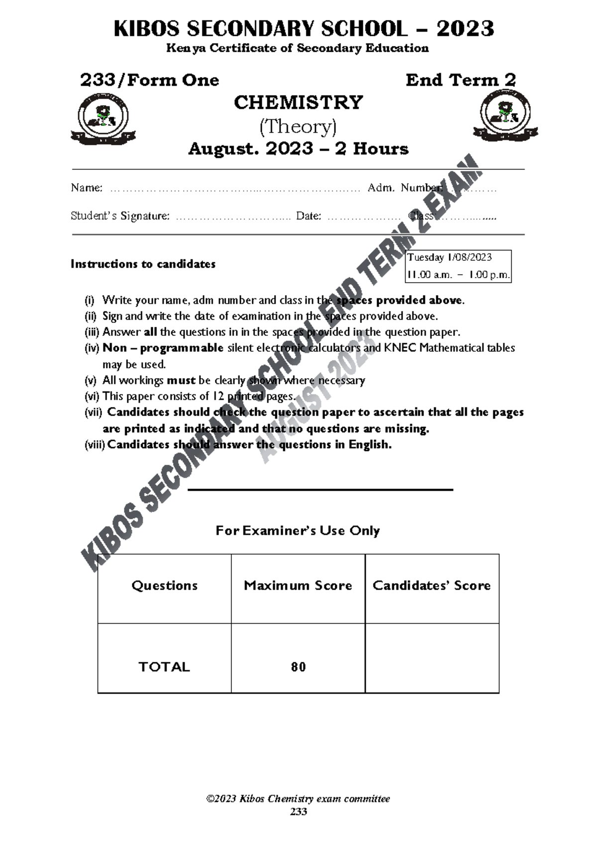 CHEM F1 Kibos SEC ET2 2023 - ©202 3 Kibos Chemistry exam committee 233 ...