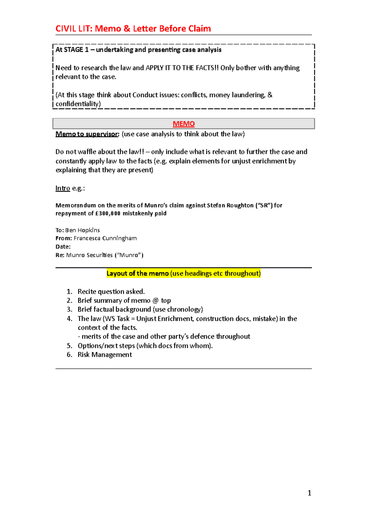 Civil Lit - Memo:Letter Before Claim - CIVIL LIT: Memo & Letter Before ...