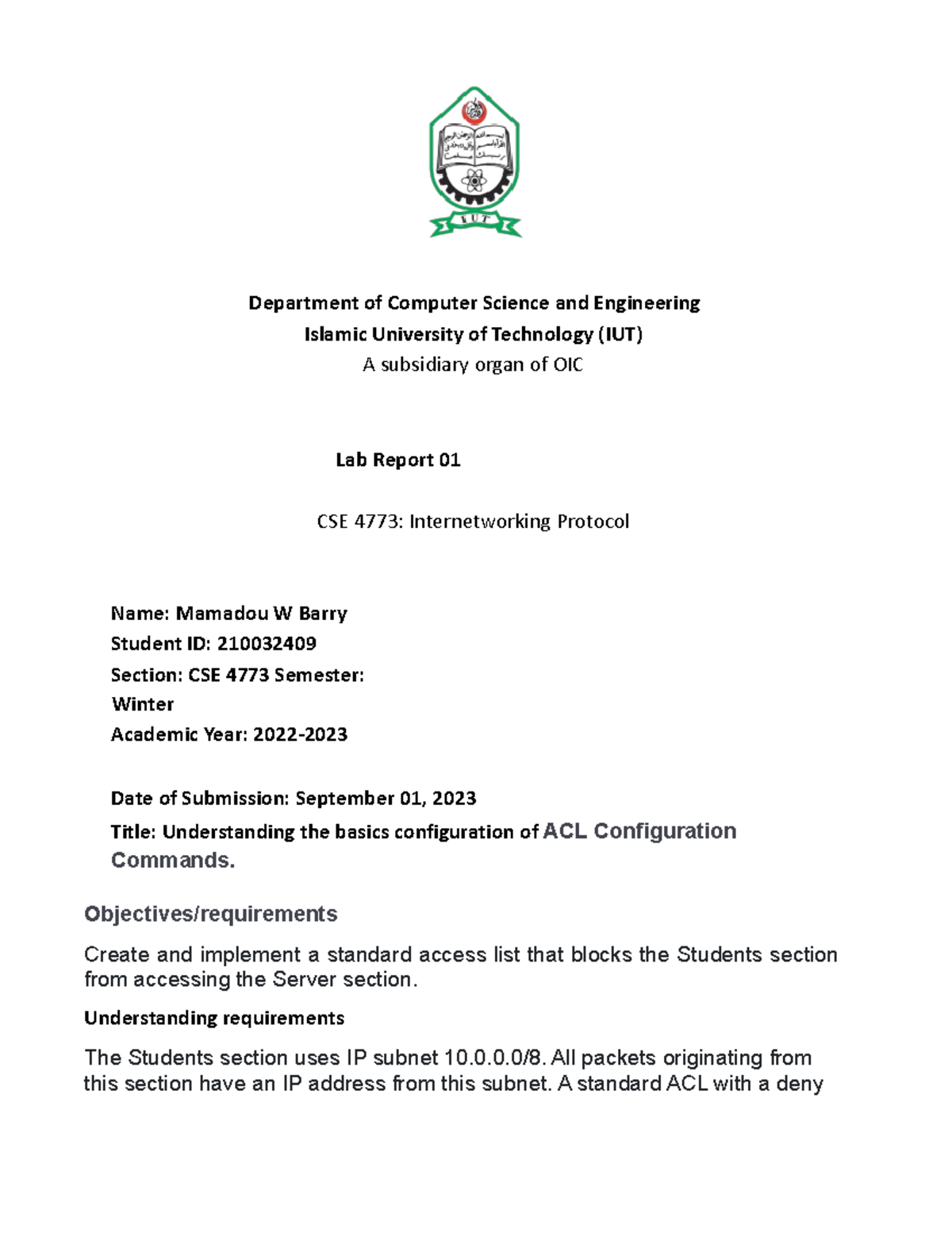 210032409 ACL Protocol LAB Report - Department of Computer Science and ...