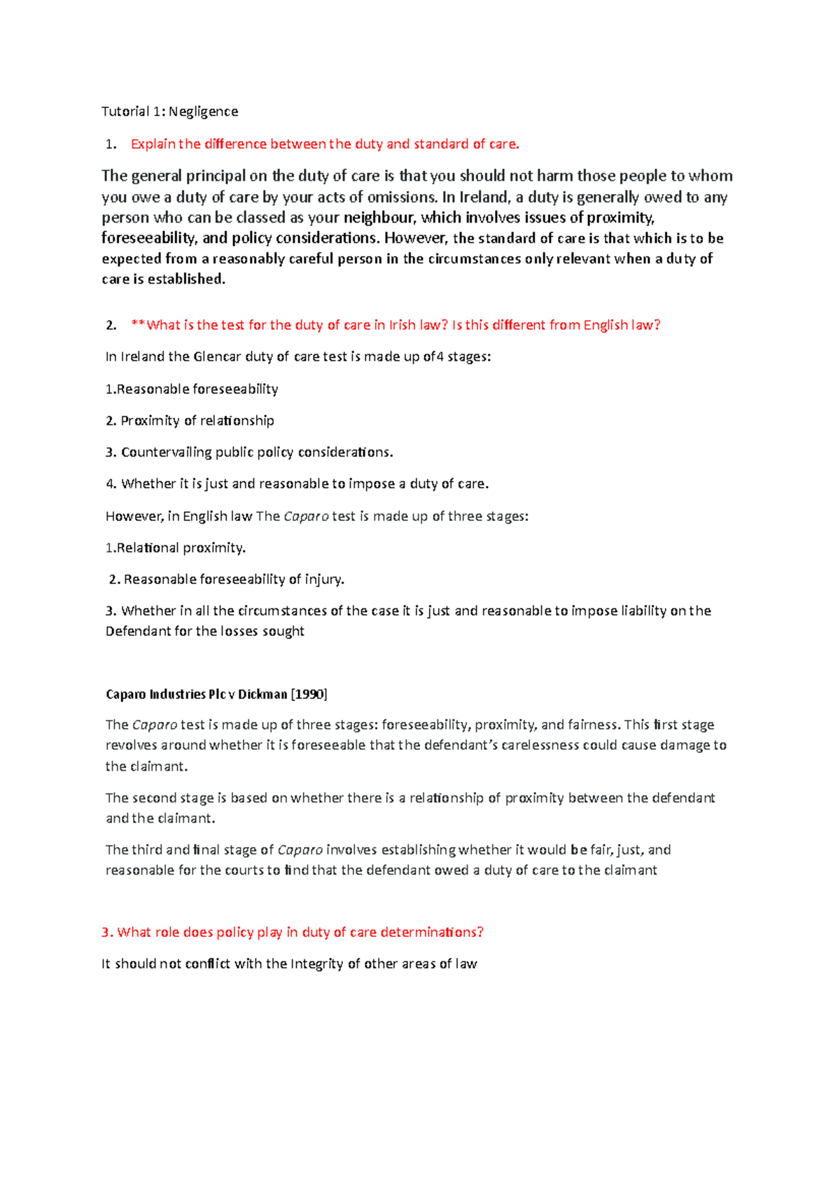 LW151- lawof torts Tutorial Worksheet - Tutorial 1: Negligence 1 ...