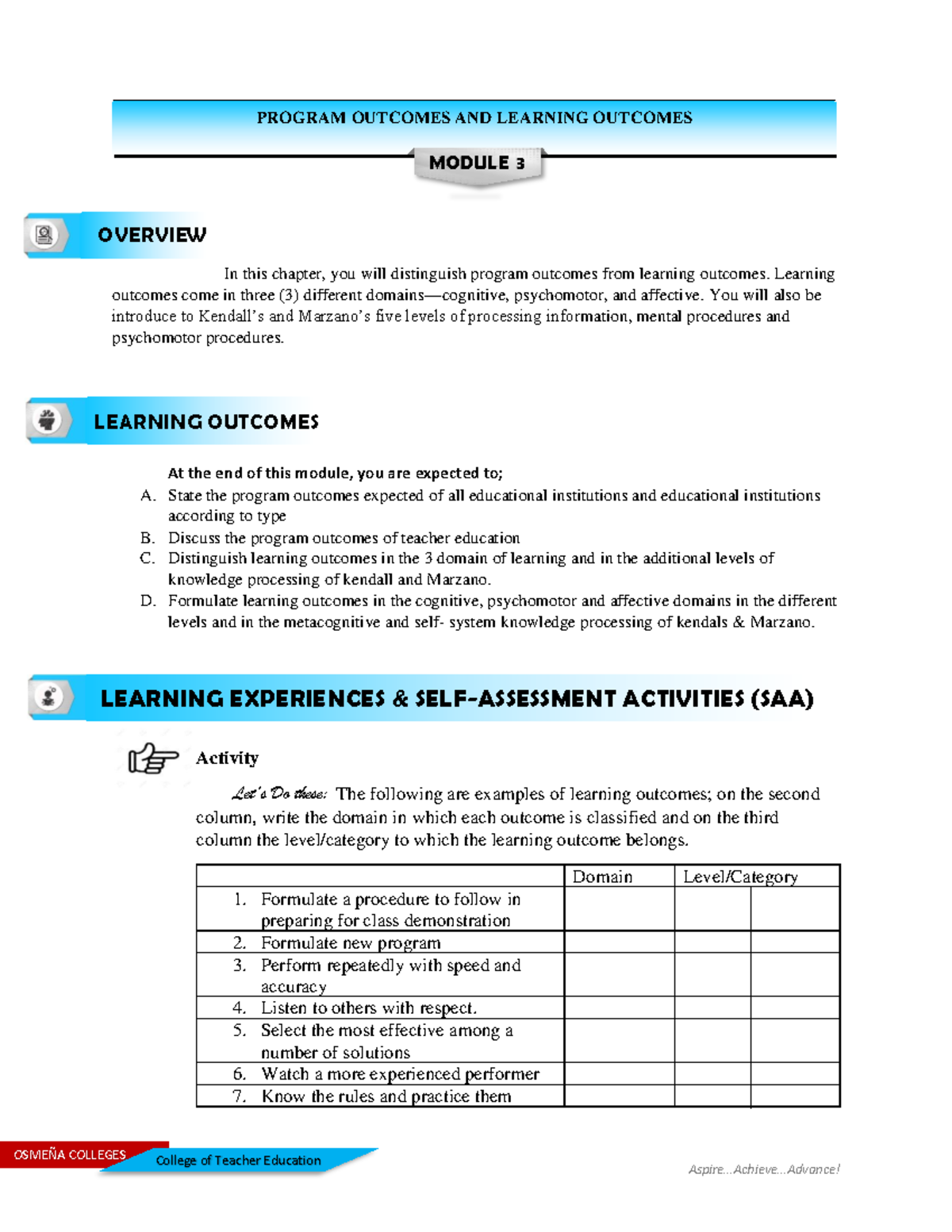 Program Outcomes and learning outcomes - OSMEÑA COLLEGES College of ...