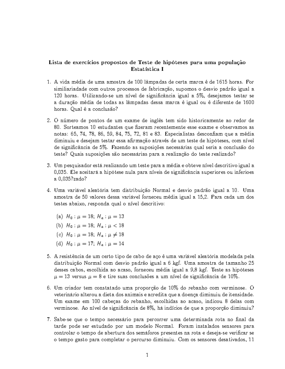 SME320 19 Teste Hip - Lista de exercícios propostos de Teste de ...