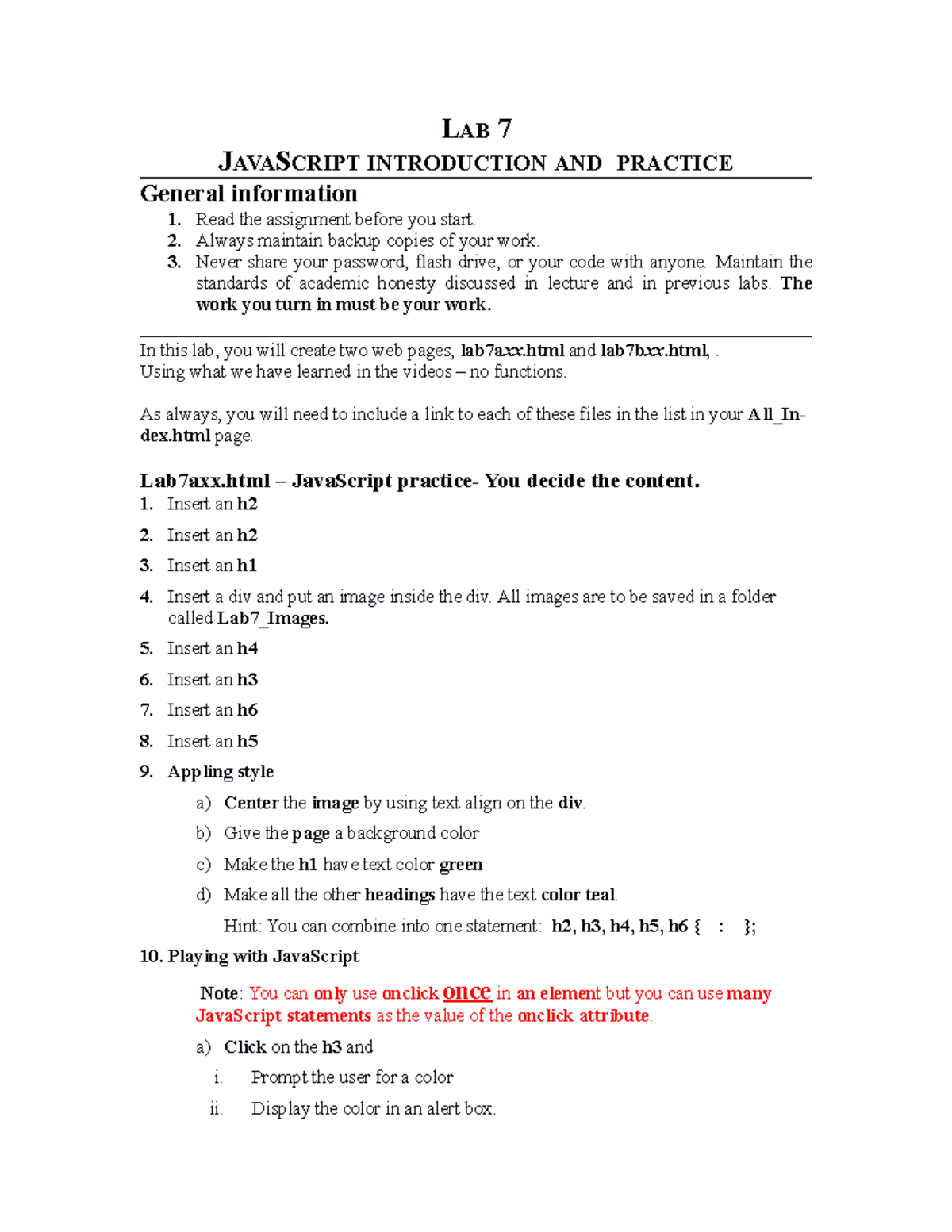 102lab7 javascript - Lab - LAB 7 JAVASCRIPT INTRODUCTION AND PRACTICE General information Read ...