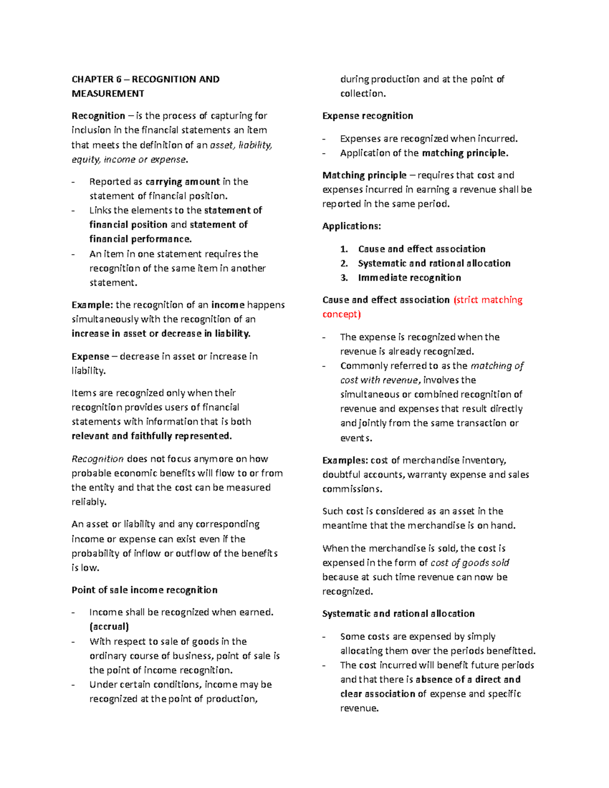 CFAS-Chapter 7-13 Reviewer - CHAPTER 6 – RECOGNITION AND MEASUREMENT Recognition – is the ...