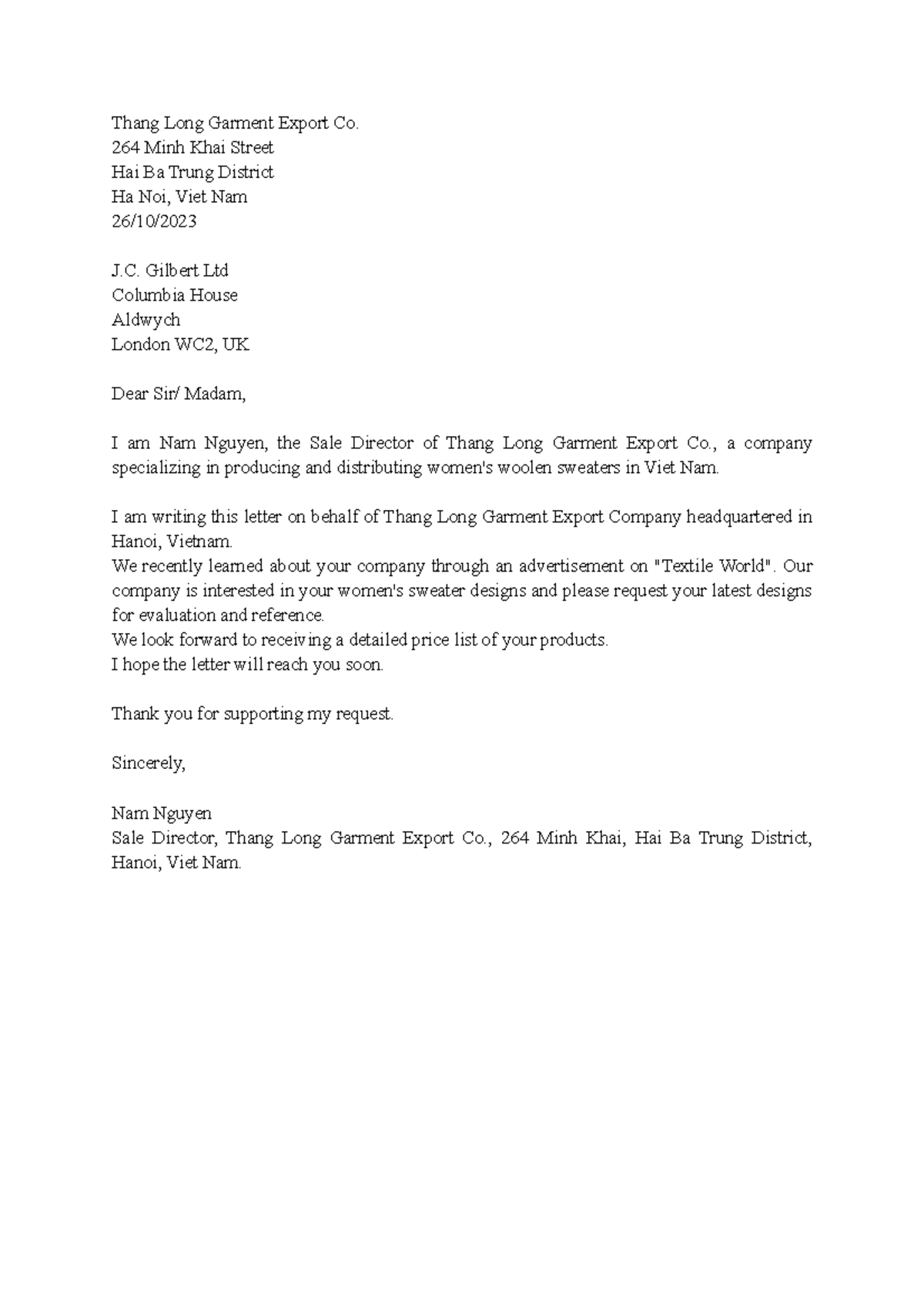 Letter - EE - đây là bài viết thư - Thang Long Garment Export Co. 264 ...