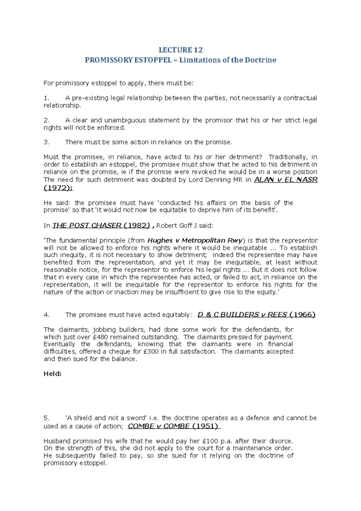 Lecture 12 - Promissory Estoppel - Limitations of the Doctrine - LECTURE 12 PROMISSORY ESTOPPEL ...