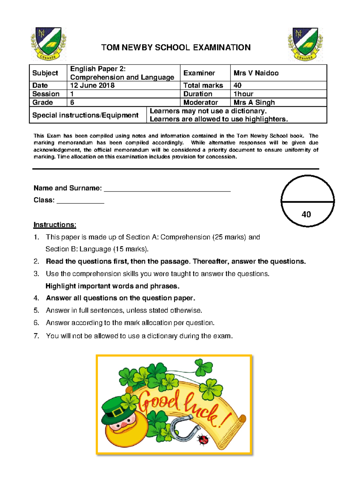 GR 6 JUNE EXAM AND MEMO ENG 2018 - TOM NEWBY SCHOOL EXAMINATION Subject ...