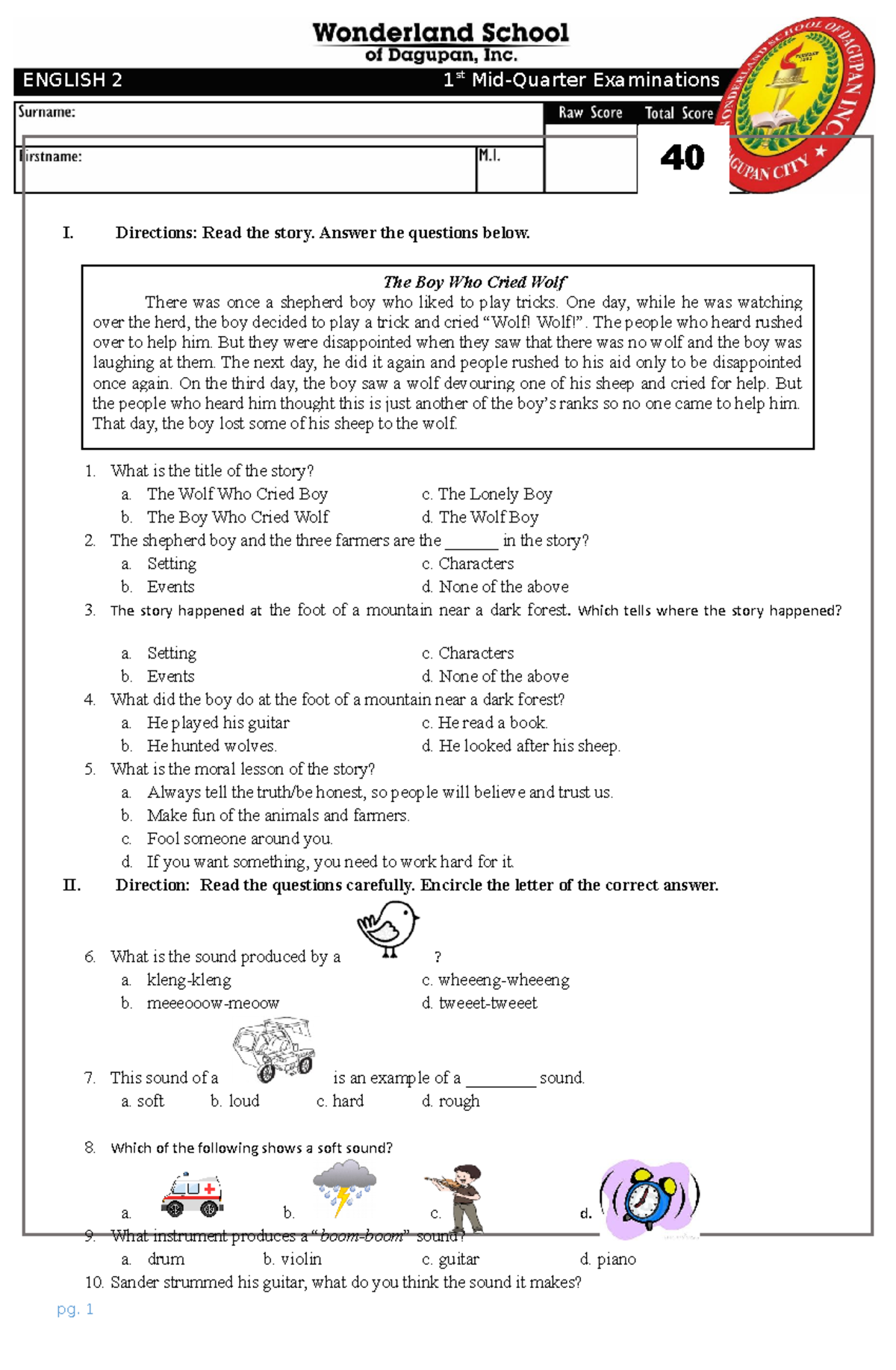 1st-Mid-Quarter-in-ENG2 SY2324 - I. Directions: Read the story. Answer ...