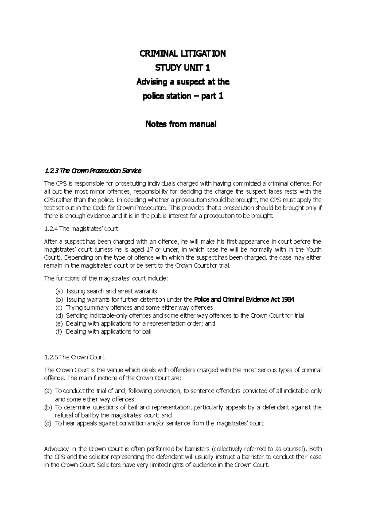 Notes from manual - advising a suspect at the police station - CRIMINAL ...