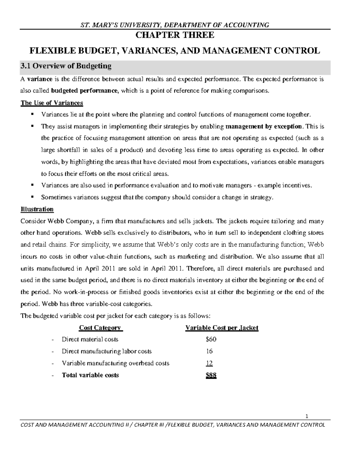 CH - 3 Flexible Budgets - final - 1 CHAPTER THREE FLEXIBLE BUDGET, VARIANCES, AND MANAGEMENT ...