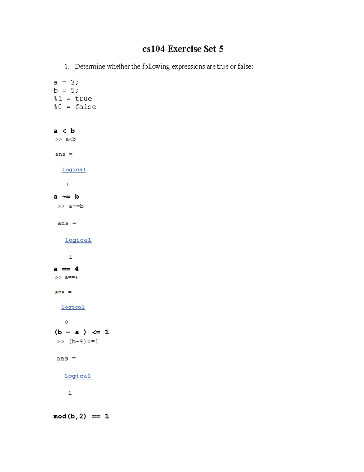 CS 104 Lab 5 - True or false statements. - cs104 Exercise Set 5 Determine whether the following ...