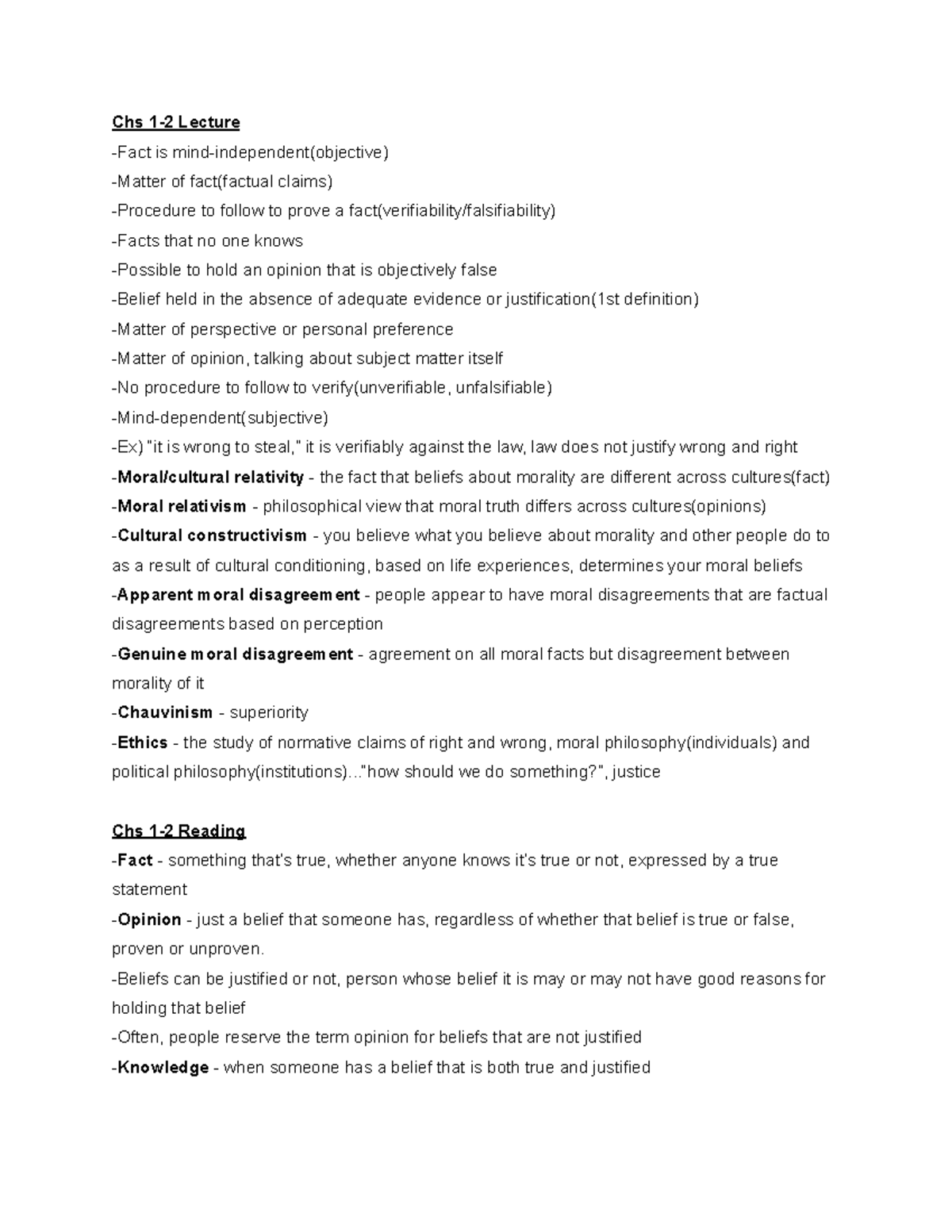 Philosophy 103 Giving Reasons Notes - Chs 1-2 Lecture -Fact is mind ...